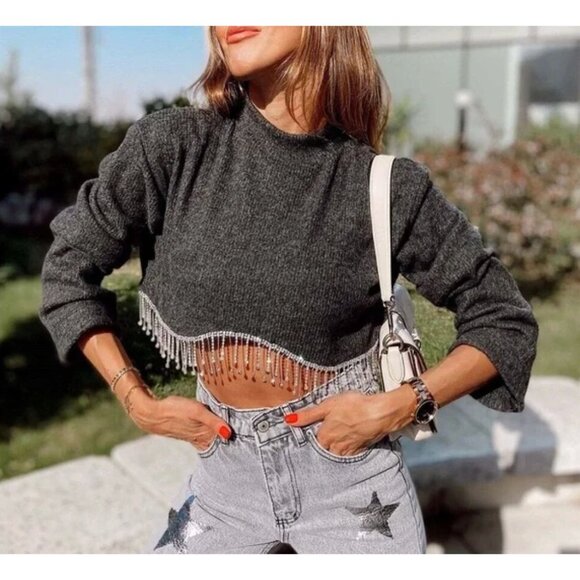 Zara | Sweaters | Nwt Zara Drip Rhinestone Jewel Fringe Cropped Sweater ...
